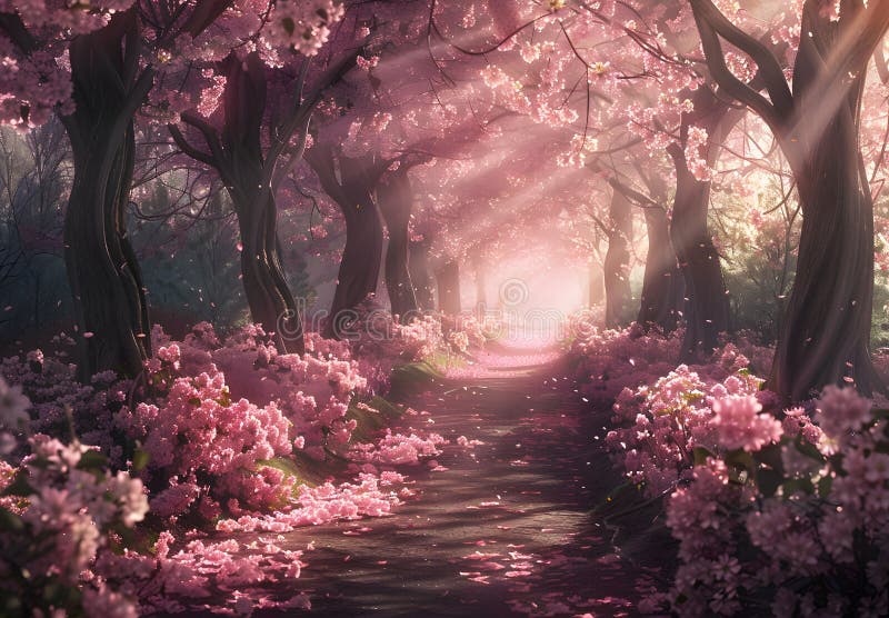 Tranquil Path in Spring Forest Lined with Cherry Blossoms Stock ...