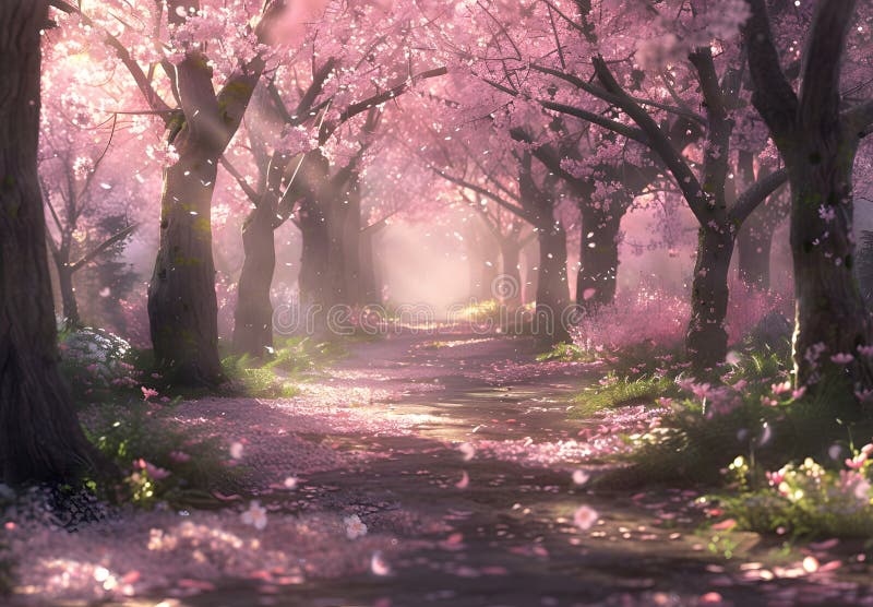 Tranquil Path in Spring Forest with Cherry Blossoms Stock Illustration ...