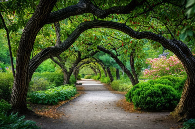 A Tranquil Path Winding through a Dense Forest of Tall Trees with Lush ...