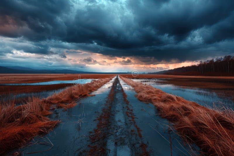 A Serene Path through Flooded Wetlands Under Dramatic Storm Clouds ...