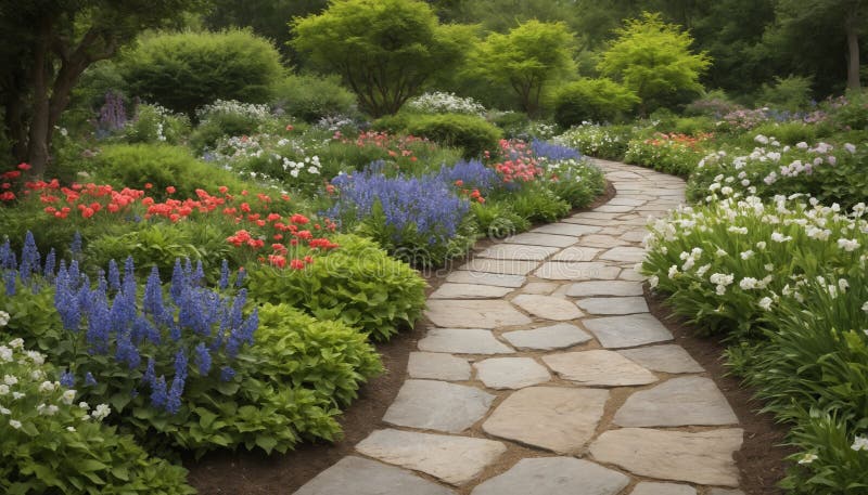 Tranquil Pathway Curving through Vibrant Flower Gardens in Early Spring ...