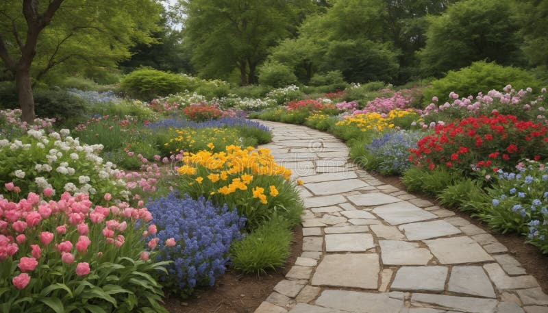 Tranquil Pathway Curving through Vibrant Flower Gardens in Early Spring ...