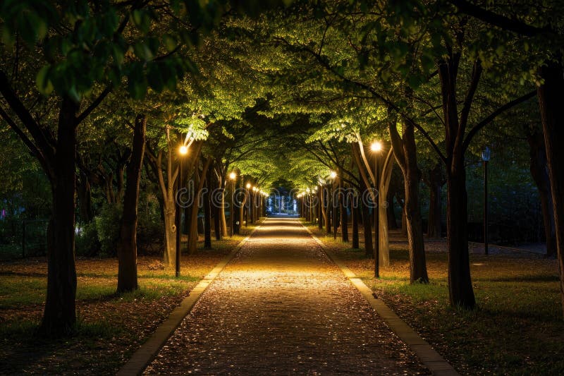 A Tranquil Pathway Flanked by Trees and Illuminated by Softly-lit ...