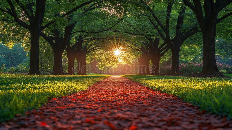 Tranquil Pathway in a Green Park at Sunset with Sunlight Filtering ...