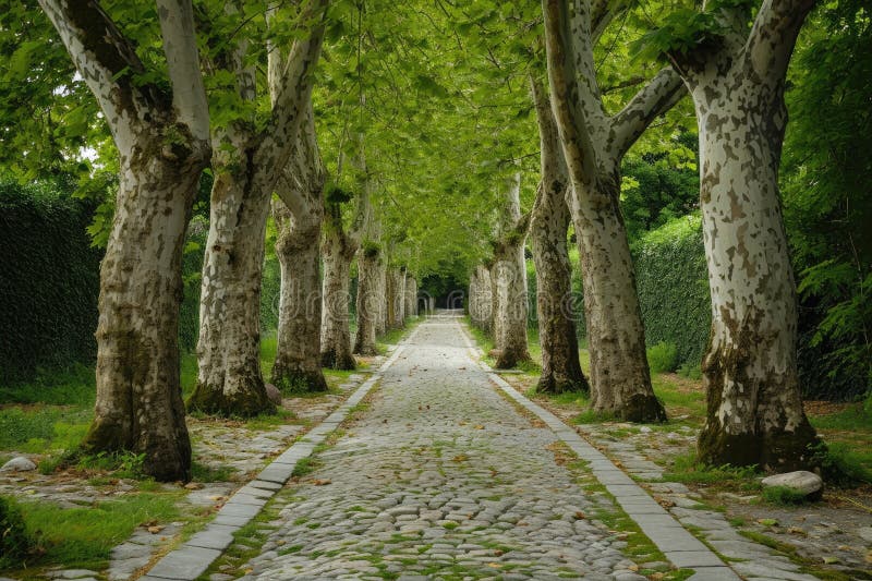 A Tranquil Pathway Lined with Graceful Trees and Cobblestones, Inviting ...
