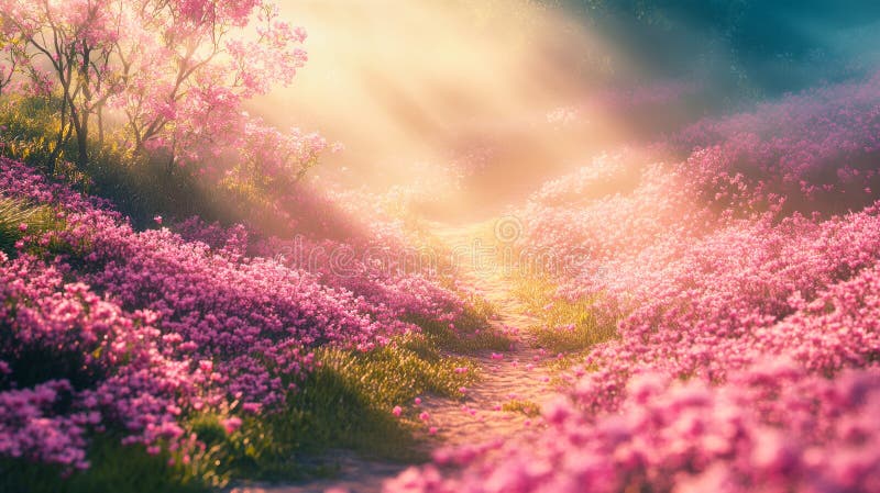 Beautiful Spring Pathway through a Blooming Meadow with Soft Sunlight ...