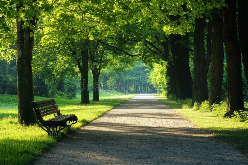 Serene Path Lined with Trees and a Bench in the Park during Daylight ...