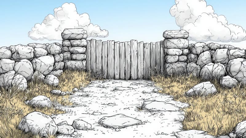 Tranquil Pathway through Stone Gate with Blue Sky and Clouds Above in ...