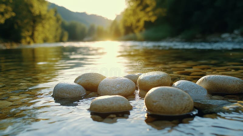 Tranquil Pathway of Stones Across a Peaceful Stream at Sunset in a ...