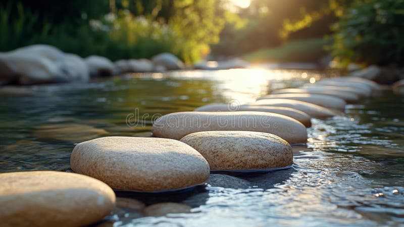 Tranquil Pathway of Stones Across a Peaceful Stream at Sunset in a ...
