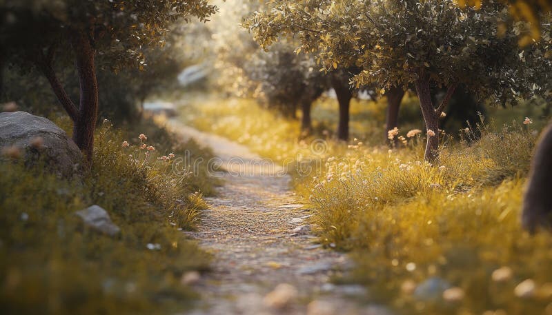 Tranquil Pathway through a Sunlit Forest Glade with Blooming Flowers ...