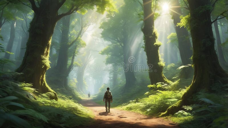 Tranquil Pathway through Sunlit Green Forest Stock Illustration ...