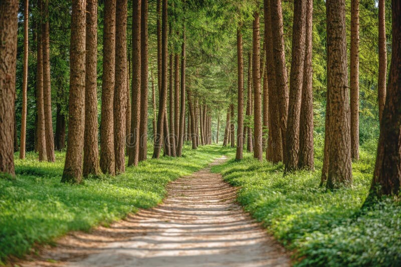 Serene Forest Pathway with Tall Trees and Lush Greenery Inviting Peaceful Walks Stock Photo ...