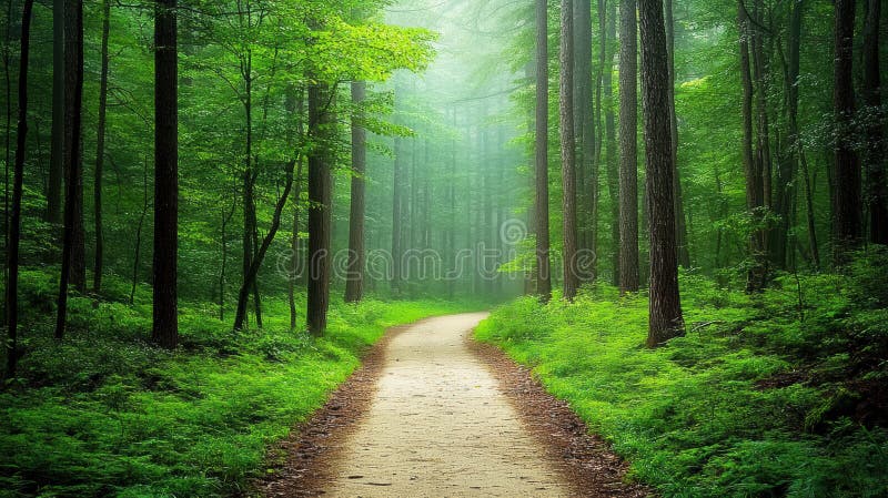 A Tranquil Pathway Winds through Dense Woods, Surrounded by Vibrant Greenery, Inviting ...