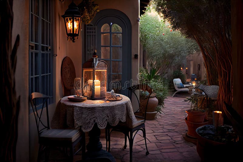 Tranquil Patio Scene with Candles Burning Stock Illustration ...