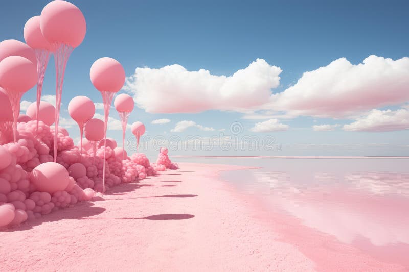 Tranquil Pink Beach Surreal. Generate Ai Stock Image - Image of pastel ...