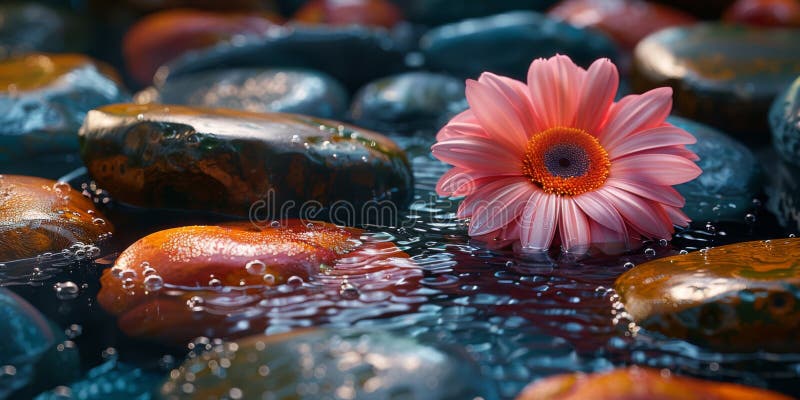 Tranquil Pink Flower on Wet Pebbles in Serene Water Reflection Stock ...