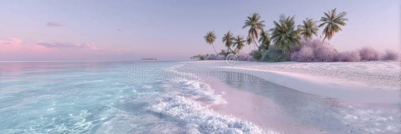 Tranquil Pink Sunset Beach Scene with Palm Trees and Soft Waves Stock ...