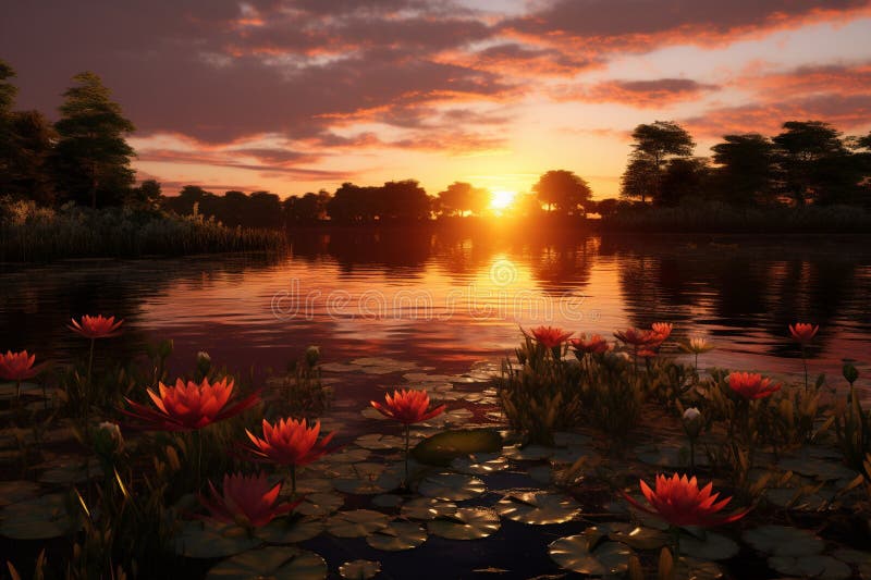 Tranquil Pond Reflecting the Fiery Colors of a Set Stock Illustration ...
