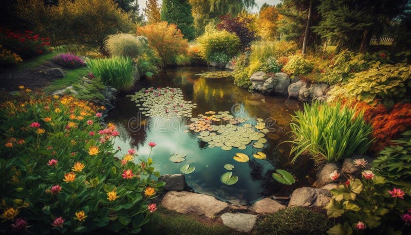 Tranquil Pond Reflects Colorful Autumn Foliage Beautifully Generated by ...