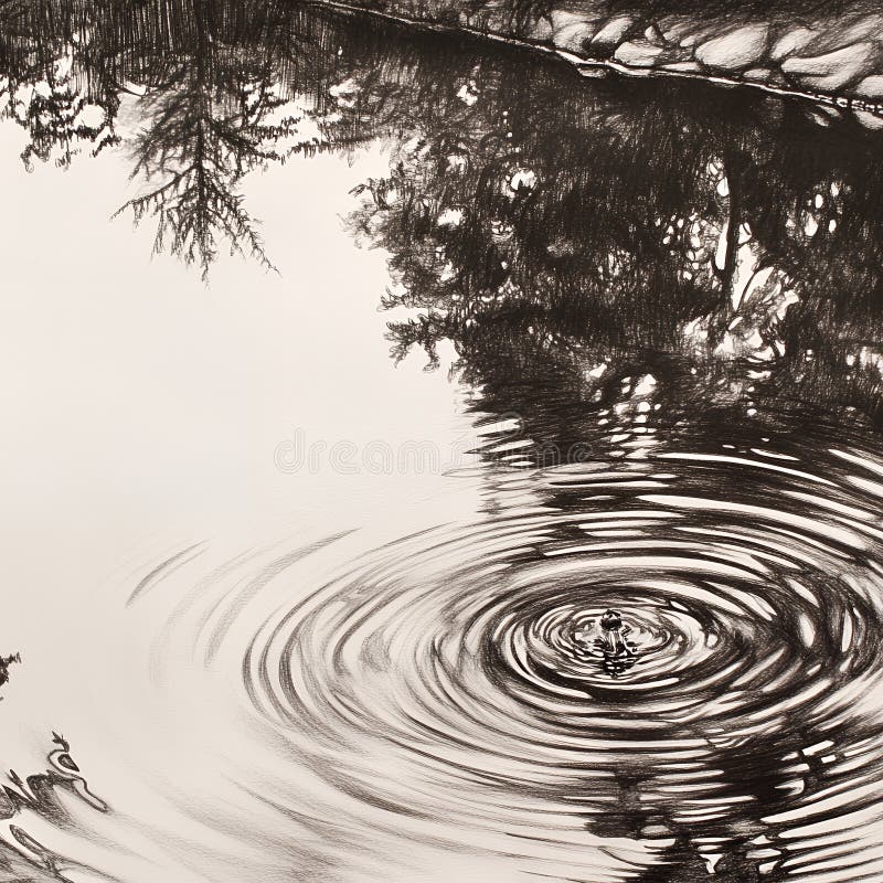 Tranquil Pond Ripples Black White Nature Drawing Water Reflection Stock ...