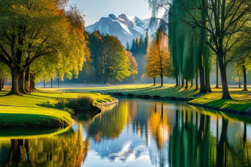 A Tranquil Pond Surrounded by Weeping Willow Trees, Their Branches ...