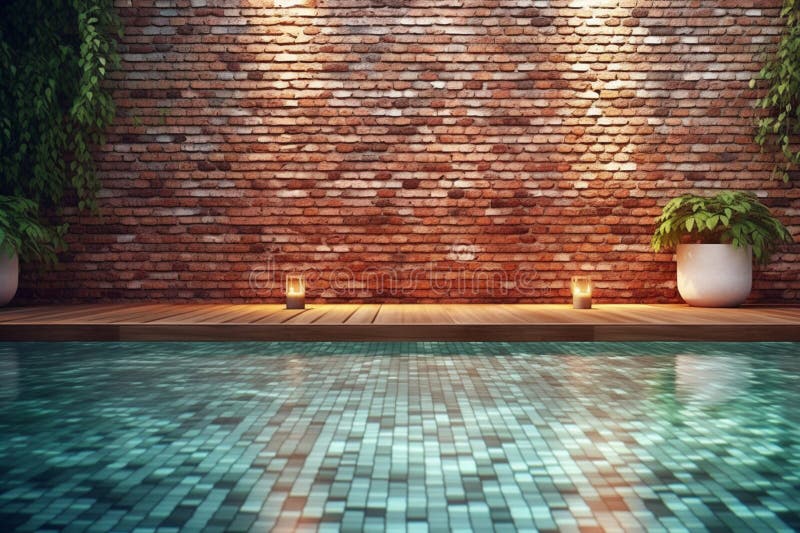 Tranquil Pool Area Featuring an Elegant Brick Wall Backdrop Stock ...