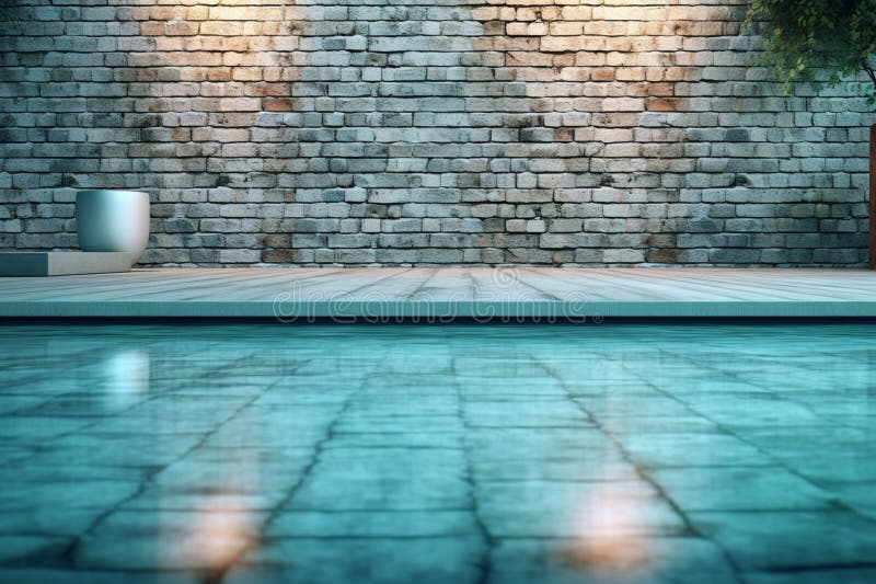 Tranquil Pool Area Featuring an Elegant Brick Wall Backdrop Stock ...