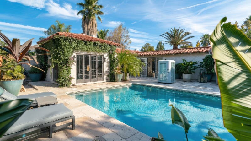 Tranquil Poolside Escape in a Lush California Backyard Stock Image ...