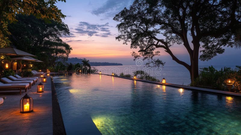 Relaxing Evening at a Stunning Poolside with Lanterns and Ocean View ...