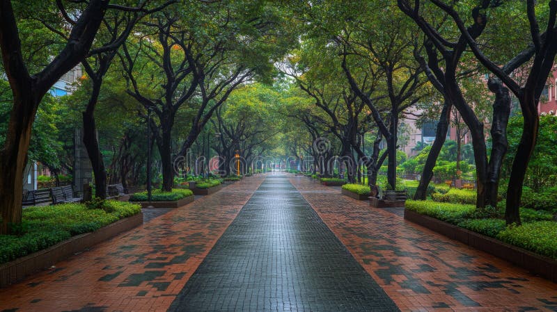 Tranquil Rain Soaked Pathway through Lush Green Trees Stock ...