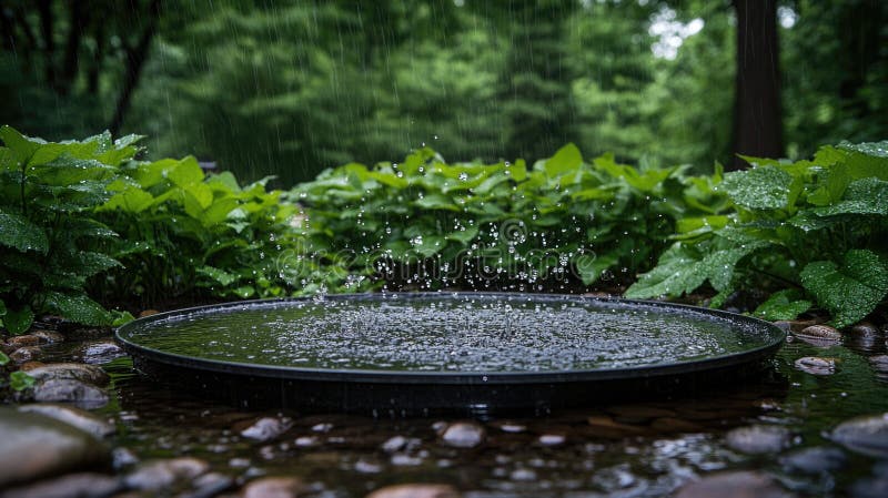 Tranquil Rainfall on Circular Basin in Lush Green Garden Setting Stock ...