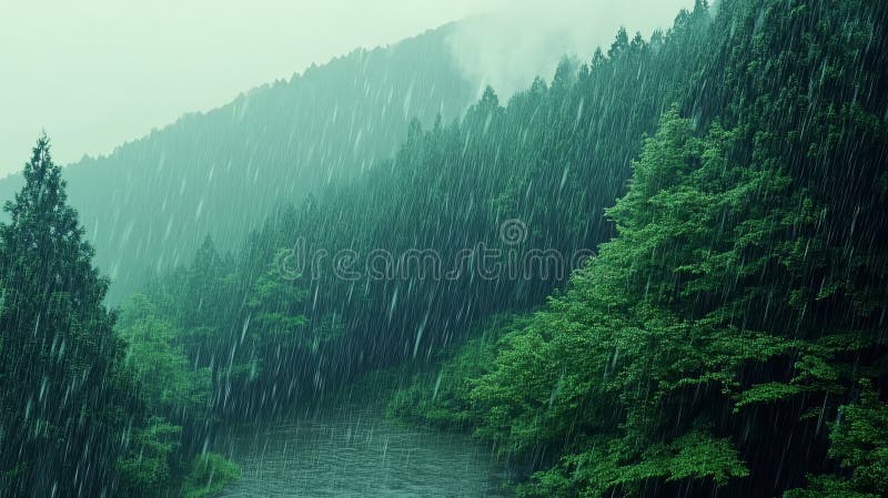 Tranquil Rainforest River Under a Soft Rain, Calming Nature Scene in ...
