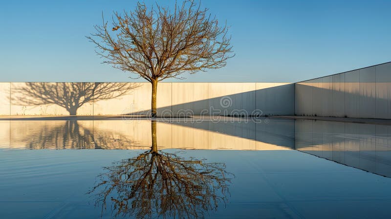 A Tranquil Reflection: a Bare Tree Emerging from a Still Pond Stock ...