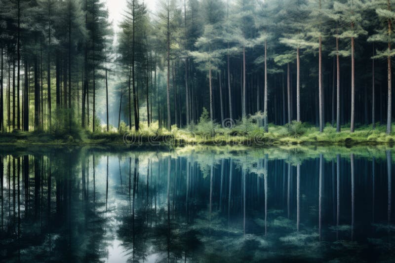 A Tranquil Reflection of a Forest Mirrored in the Glassy Waters of a ...