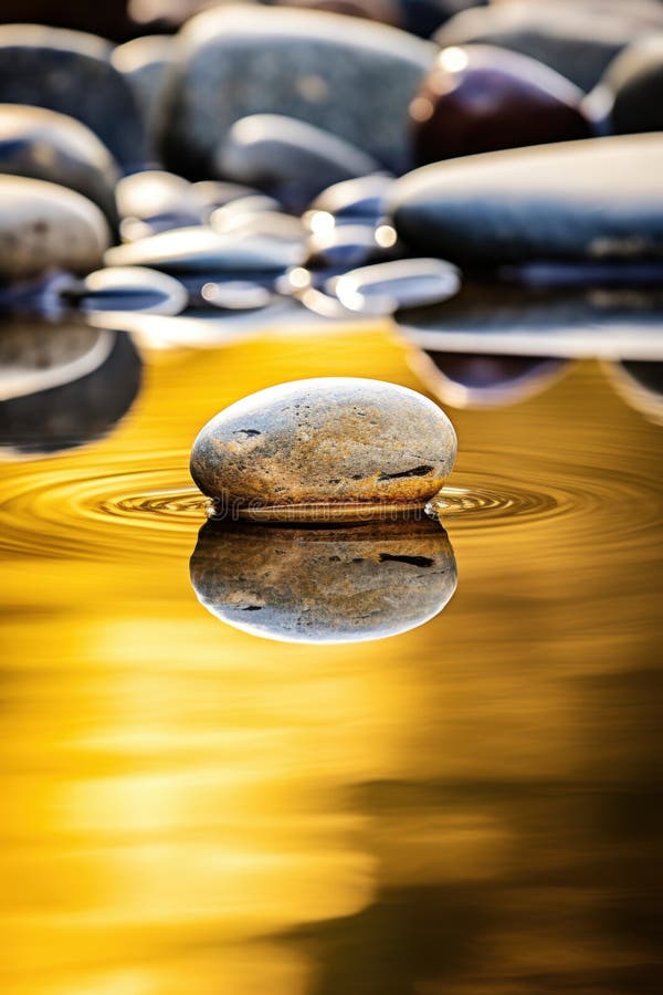 Tranquil Reflection of Smooth Stones in Golden Water Stock Illustration ...