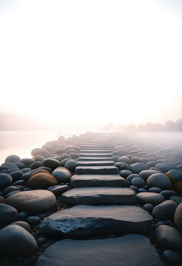 Tranquil Reflections: Minimalist Stone Path and Zen Lake in Soft Focus ...
