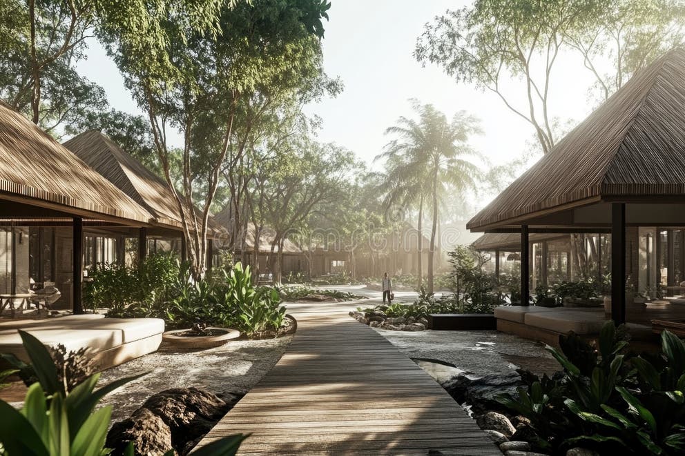 Tranquil Resort Pathway Surrounded by Lush Greenery and Tropical Huts ...