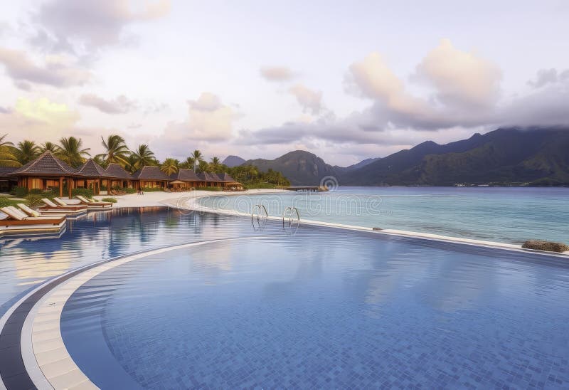 Tranquil Resort Pool Adjacent To Pristine Beach, Tropical, Poolside ...