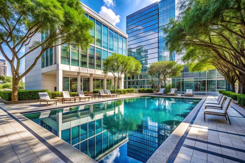 Tranquil Resort Pool with Modern Architecture and Lush Landscaping ...