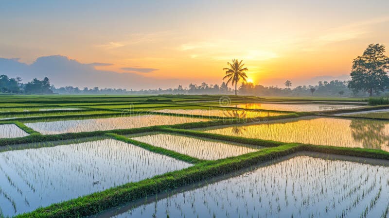 Tranquil Rice Paddy Field at Sunset with a Single Palm Tree Stock ...