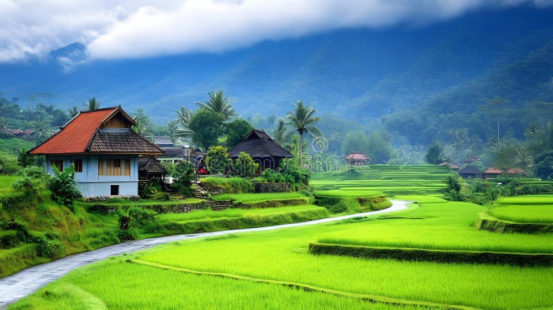 Tranquil Rice Paddy Landscape with Mountain View Stock Illustration ...