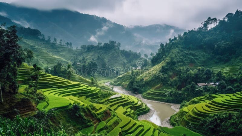 Tranquil Rice Terraces Cascading Down a Mountainside. Generative AI ...