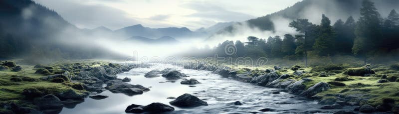 Tranquil River Flowing through a Misty Valley Banner Background ...