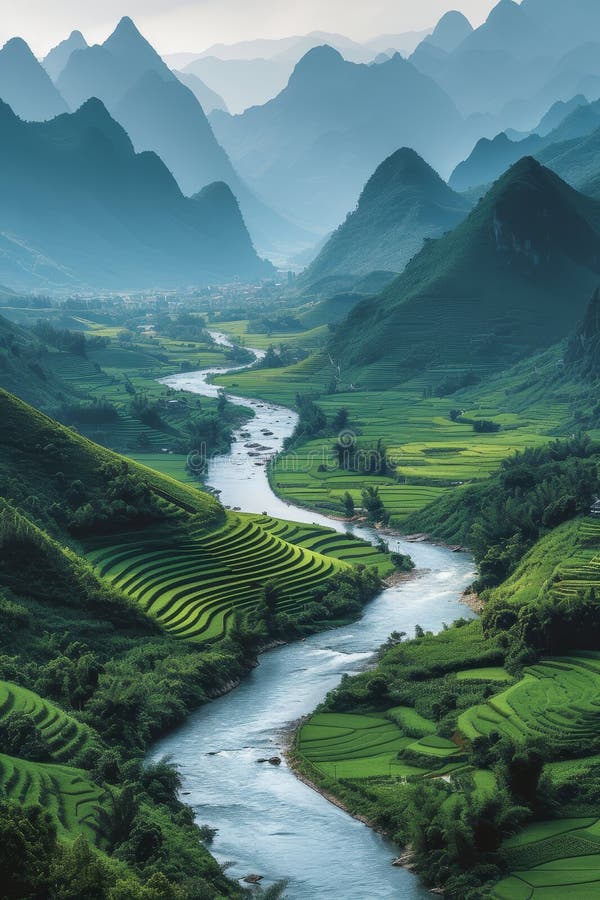 Tranquil River Flows through a Lush Green Valley, with Terraced Fields ...