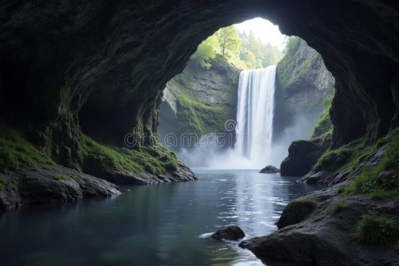 The Tranquil River Flows through a Misty Cave Entrance, River ...