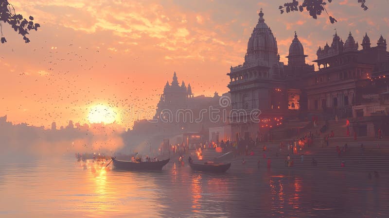 A Tranquil River Flows Past an Ancient Temple at Sunset Stock ...