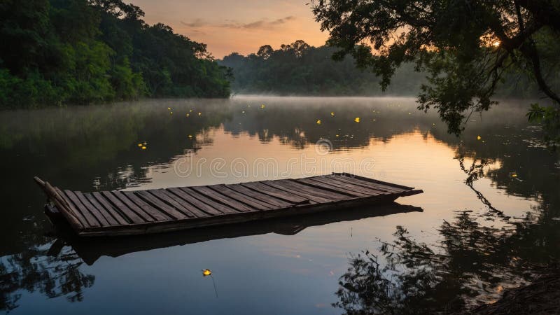 Serene Sunset Over Calm Lake with Wooden Raft Stock Illustration ...