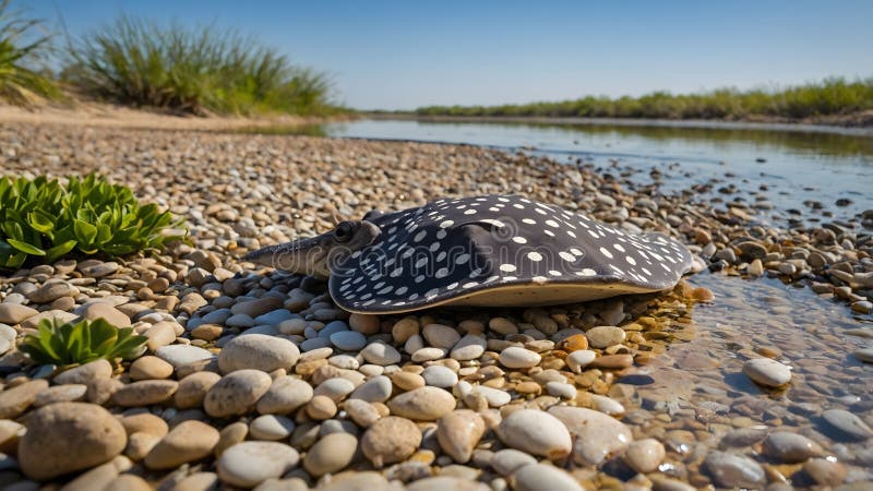 Sleek Freshwater Polka Dot Stingray Swimming Over a Sandy Riverbed with ...