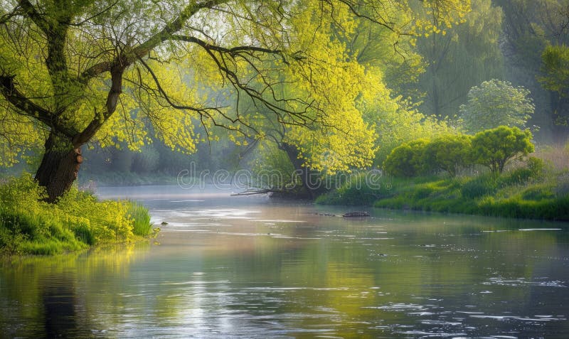 A Riverbank Lined with Colorful Blossom Trees, Reflecting Their Beauty ...